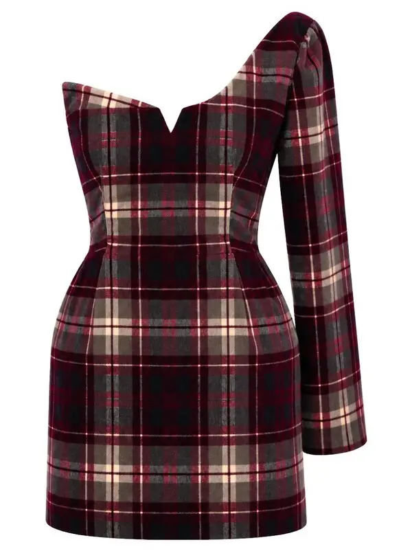 KHRIS K Burgundy Tartan Velvet Asymmetric Mini Dress - Red