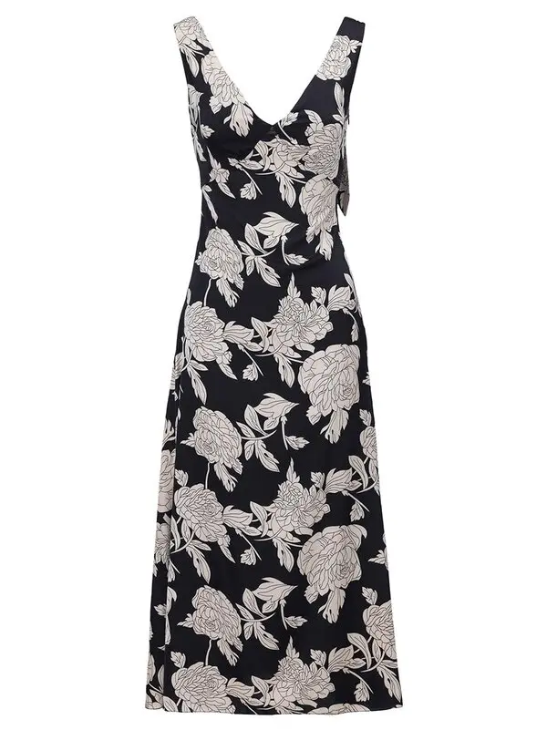 BELSIZE25 Sicily Day & Night – Floral V-neck Satin Midi Dress With White Flowers - Black/white
