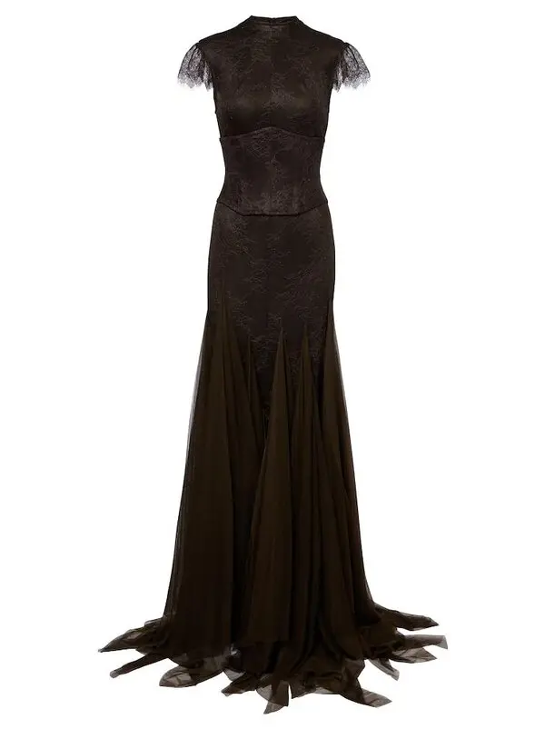 DE LA VALI Zephyra Lace And Tulle Gown - Brown