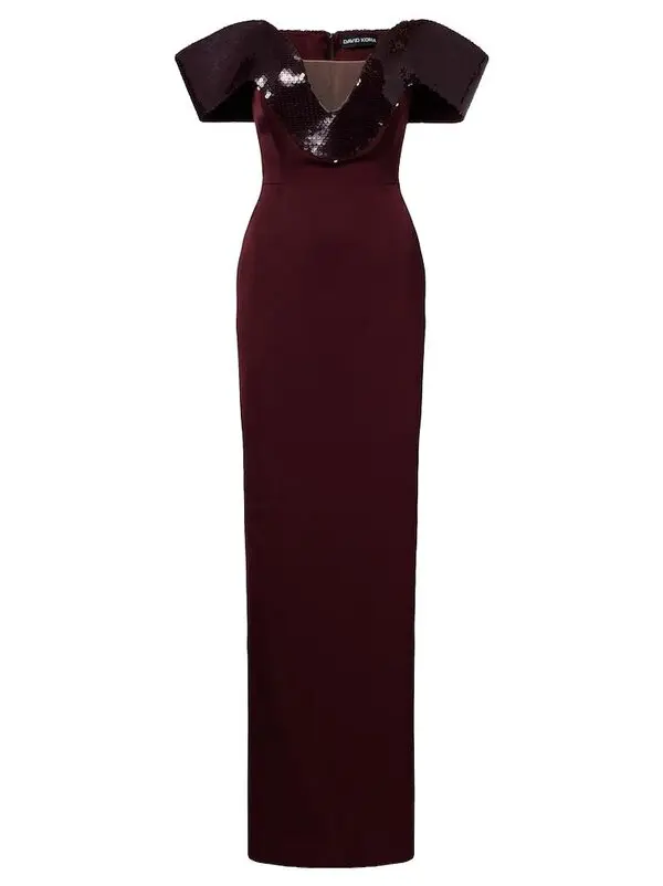 David Koma Sequined Satin Off-shoulder Gown - Burgundy
