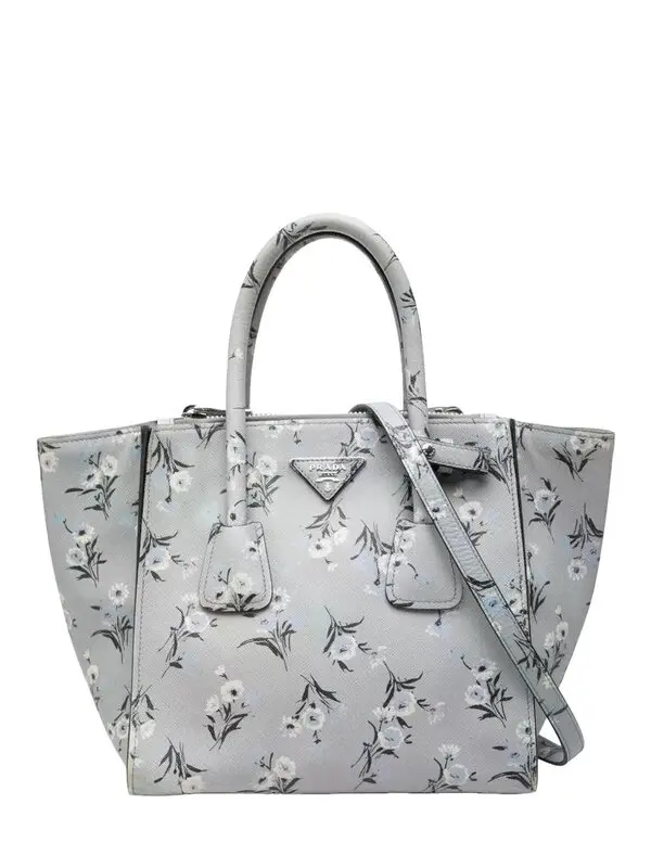 Prada 2013-2026 Saffiano Floral Twin Pocket Satchel - Grey