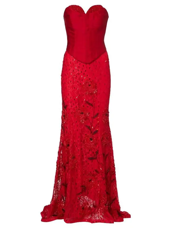 LA FUORI Embellished Lace Bustier Gown - Red