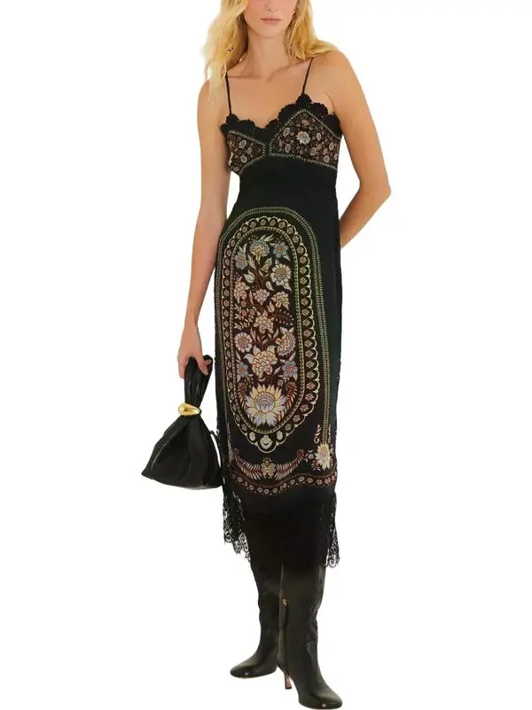Farm Rio Daniela Lace Sleeveless Midi Dress - Black
