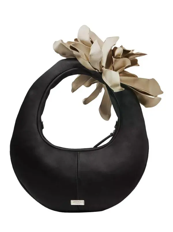 JIMMY CHOO Flower And Bone Satin Hobo Shoulder Bag With Oversized Flower - Black