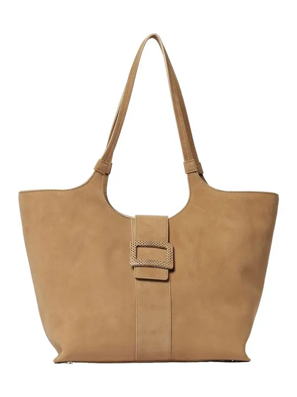 ROGER VIVIER Belle Vivier Suede Sheepskin Tote Bag With Double Handle - Biscuit