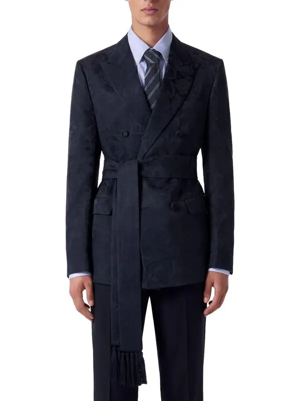 Valentino Garavani Silk And Wool Jacquard Robe Blazer With Belt - Blue