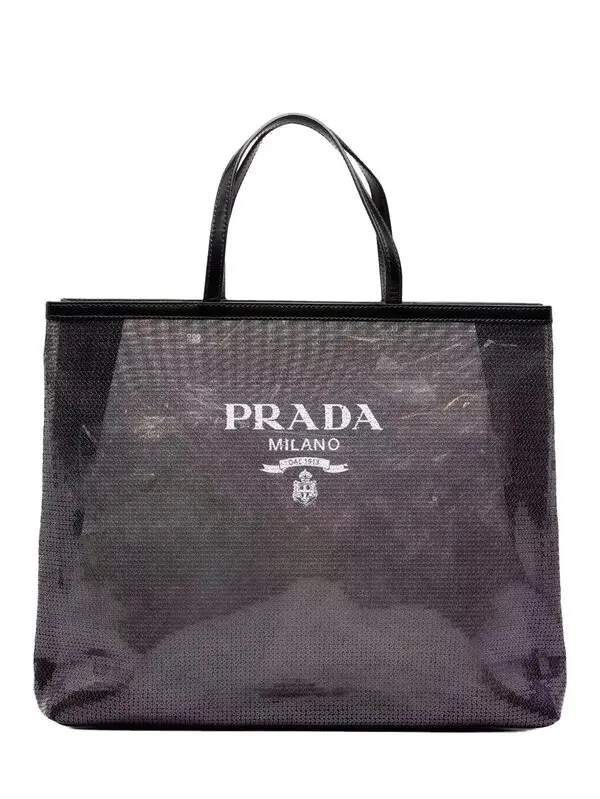 Prada 2000-2026 Large Sequined Mesh Logo Tote Bag - Black