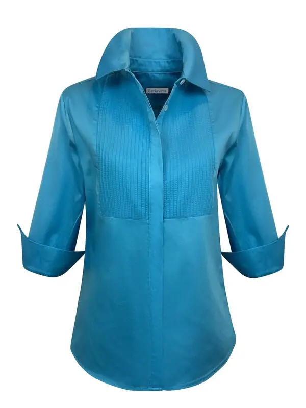 PERLAVERA Cintuck Turquoise Satin Three Quarter Sleeve Slim Fit Pintuck Shirt - Blue