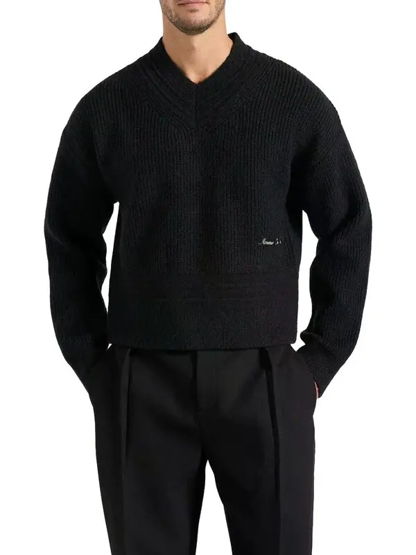 Manière De Voir Remi In Signature Ribbed Wool-blend V-neck Sweater - Black