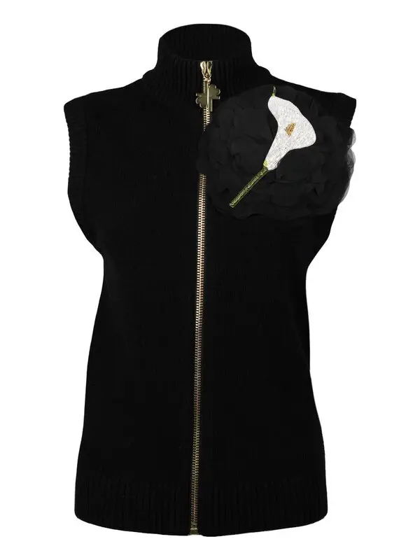 LAINES LONDON Cashmere-wool Gilet With Hand-embellished Lilly Flower Brooch - Black