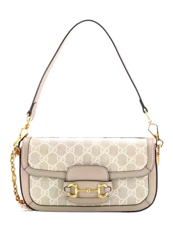 Gucci Horsebit 1955 Shoulder Bag Gg Coated Canvas With Leather East West Crossbody Bag - Neutrals