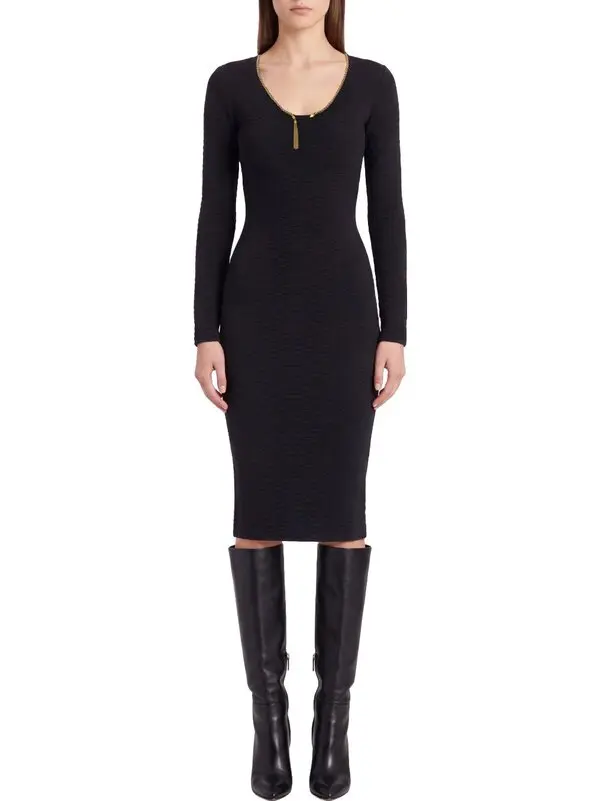 Elisabetta Franchi Slim Fit Jersey Midi Sheath Dress With Long Sleeves - Black