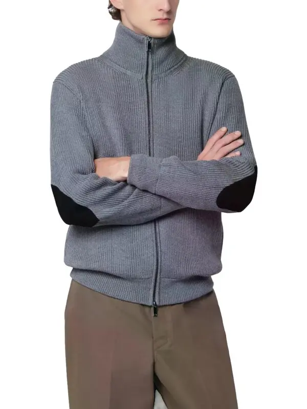 ROBERTO COLLINA Ribbed-knit Elbow-patch Cardigan - Grey