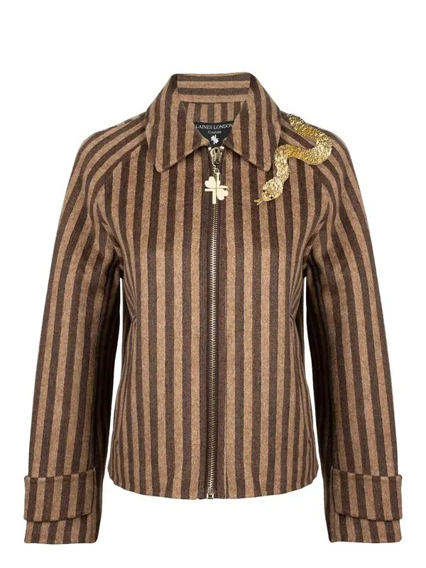 LAINES LONDON Neutrals Cashmere Blend Herringbone Jacket With Embellished Gold Shoulder Snake - Brown