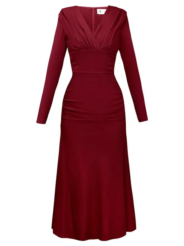 ALINA CERNATESCU Bacardi Classic Draped Midi Dress With Long Sleeves - Red