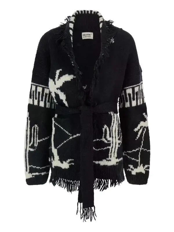FRANTIC Las Palmas Fringe-trim Intarsia Cardigan - Black