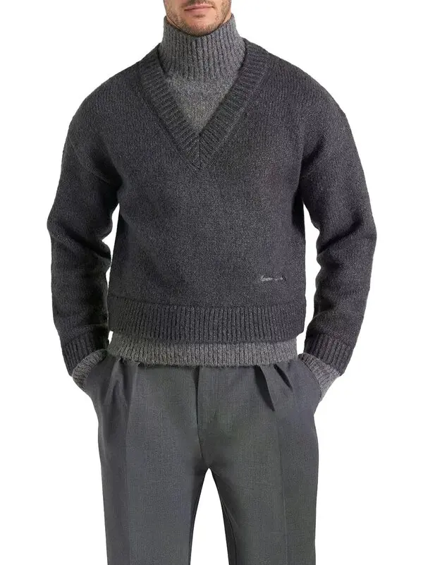 Manière De Voir Jacques In Charcoal Double-layer Wool-blend V-neck Knit Jumper - Grey