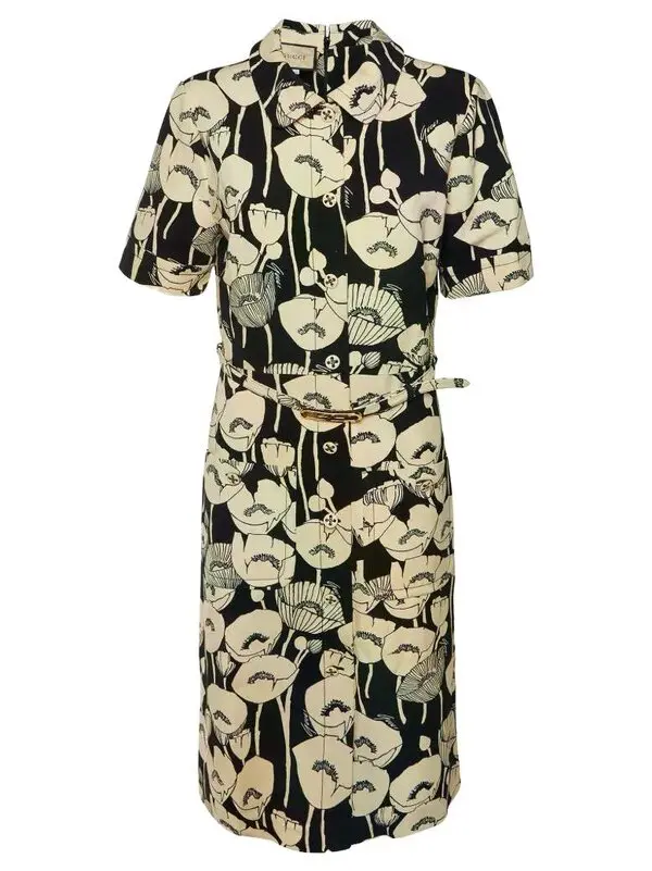 Gucci Poppy-print Belted Midi Dress - Black