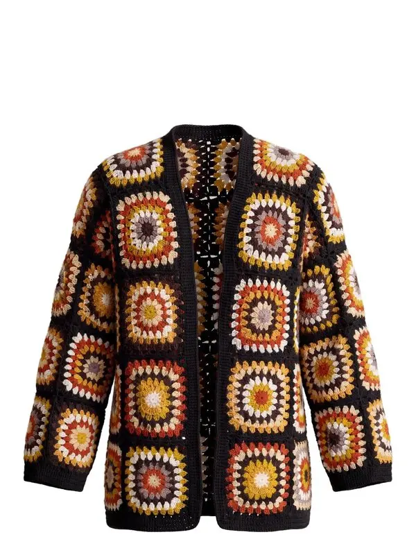 ANA CHIC Sunburst Granny Square Handmade Crochet Cardigan - Black