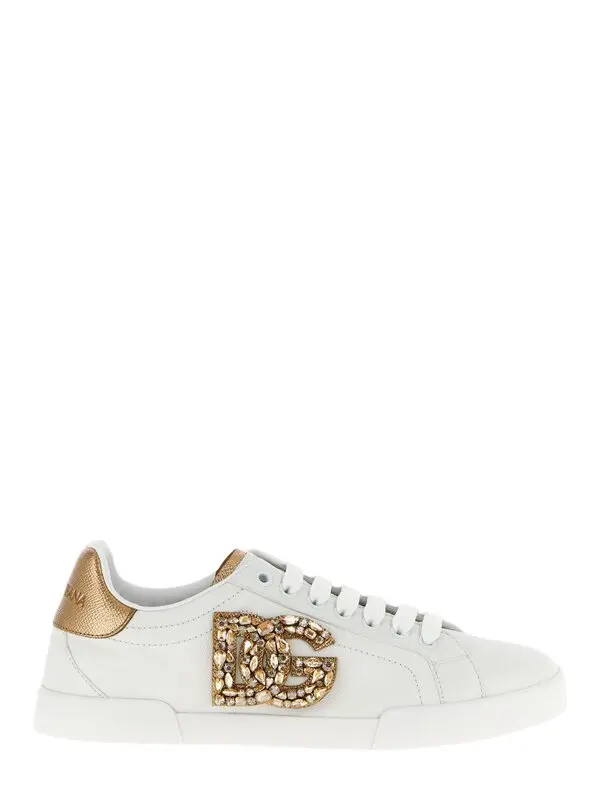 Dolce & Gabbana Portofino Low Top Leather Sneakers With Dg Monogram And Rhinestones - Gold