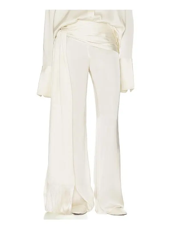 HELSA Satin Pants With Tie And Fringe - Ivory