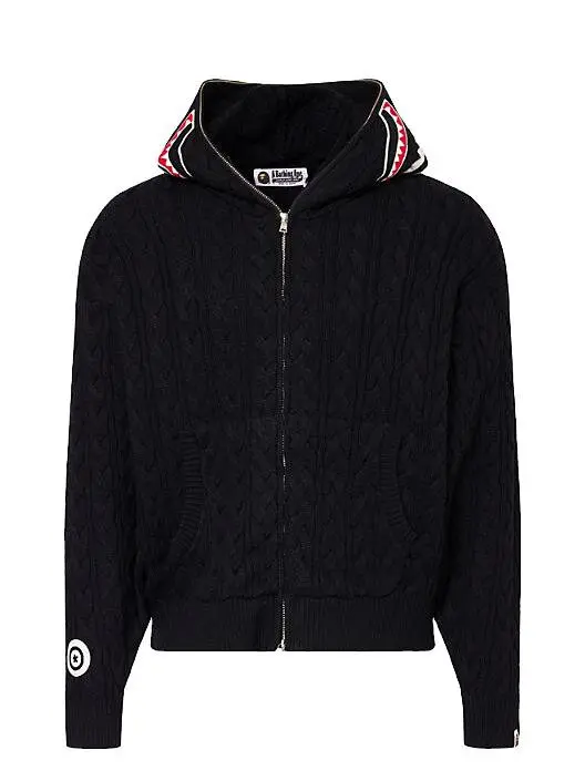 A BATHING APE Shark Cable-knit Wool Hoodie - Black