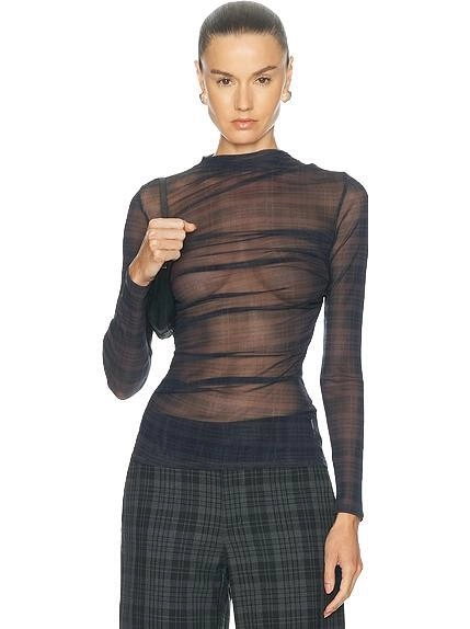 Enza Costa Mesh Long Sleeve Twist Top - Shadow Plaid