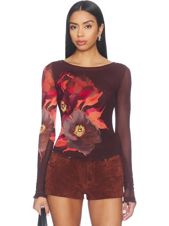Free People Lilly Printed Long Sleeve Tee - Chocolate
