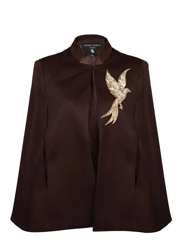 LAINES LONDON Brown/neutrals/gold Laines Chocolate Brown Couture Tailored Cape With Embellished Bird Of Paradise - Brown/gold