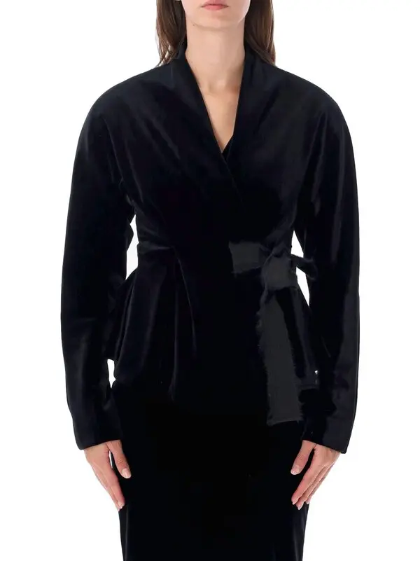 Alberta Ferretti Cropped Velvet Robe Blazer With Tie Closure - Black