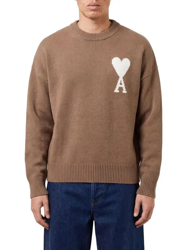 AMI Paris Crewneck Sweater In Alpaca And Wool Blend With Jacquard Logo - Beige