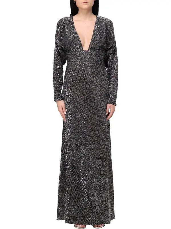 Missoni Long-sleeved Lurex Evening Gown With Sequins And Deep V-neck - Silver