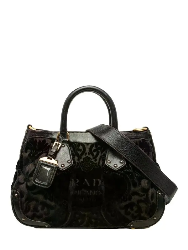 Prada 2010-2026 Velluto Burnout And Canvas Canapa Logo Convertible Tote Satchel - Black