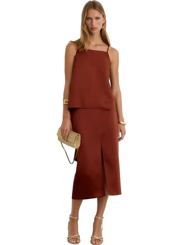 REISS Satin Straight Midi Skirt - Rust Orange