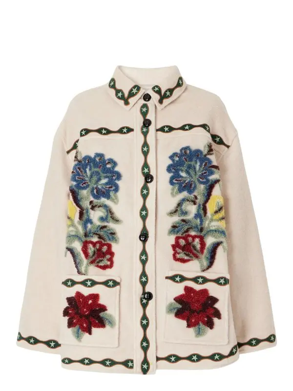 Farm Rio Embroidered Tufted Fleece Coat - Neutrals
