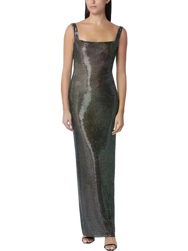 SELF-PORTRAIT Gunmetal Square-neck Rhinestone Maxi Dress - Silver
