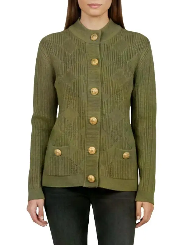Balmain Button-embellished Gingham-knit Cardigan - Green