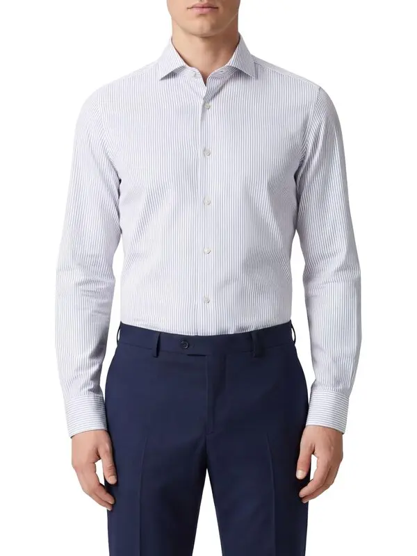 Canali Striped Slim Fit Cotton Poplin Shirt With French Collar - White