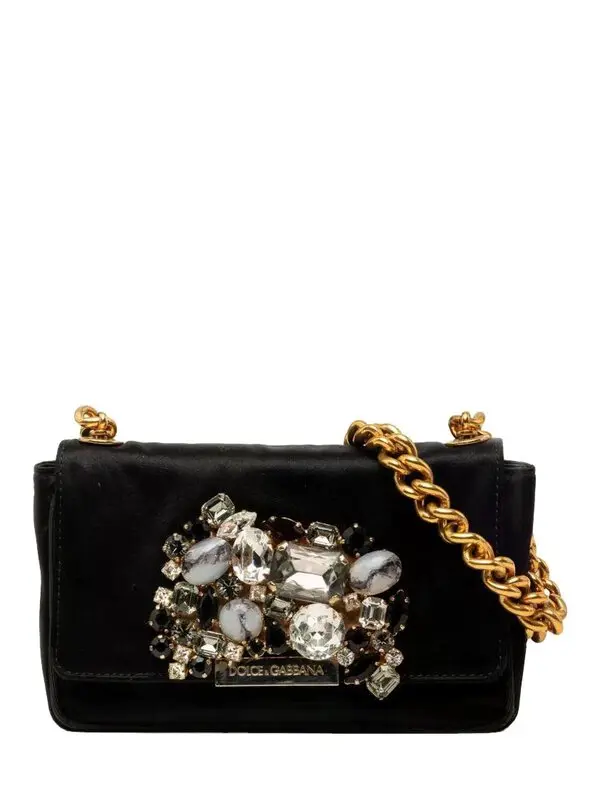 Dolce & Gabbana 2000-2015 Crystal Embellished Satin Miss Stone Chain Crossbody Bag - Black