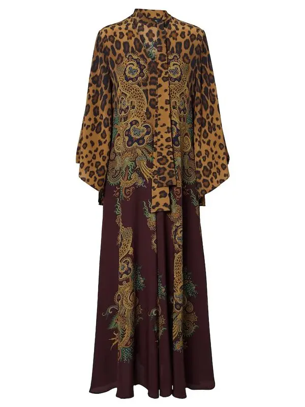 Etro Leopard-print Tie-neck Silk Maxi Dress - Brown