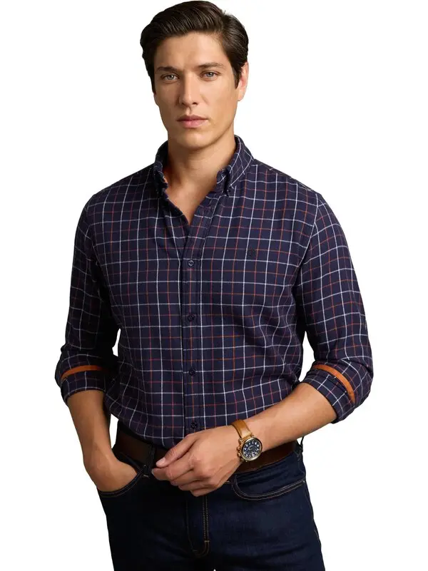 Holland Cooper Classic Fit Brushed Cotton Shirt Copper Check - Navy