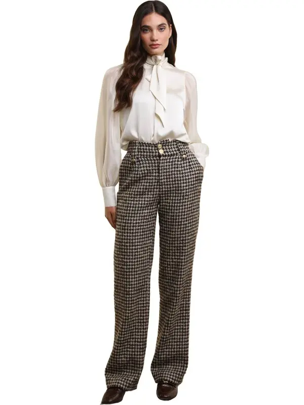 Holland Cooper High Waisted Straight Trouser Houndstooth - Coffee