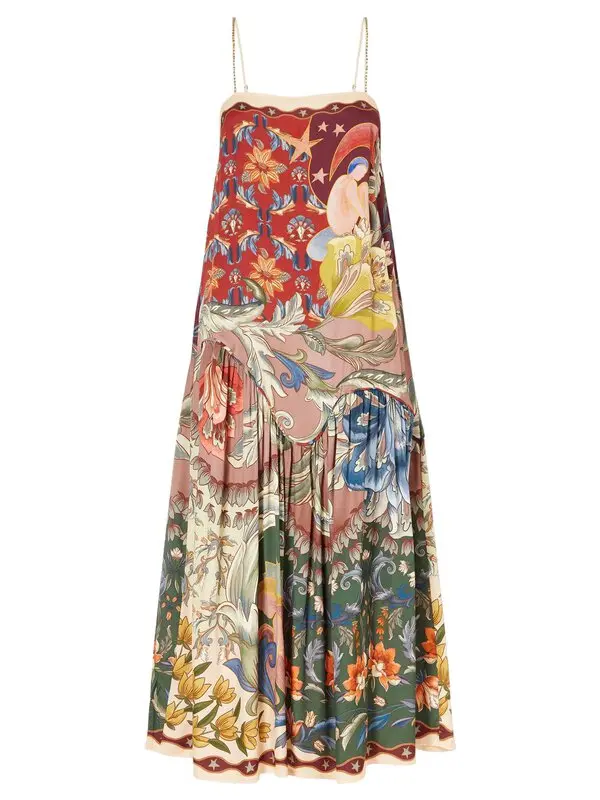 Farm Rio Lunar Boho Bead-embellished Gathered Printed Satin Midi Dress - Multi