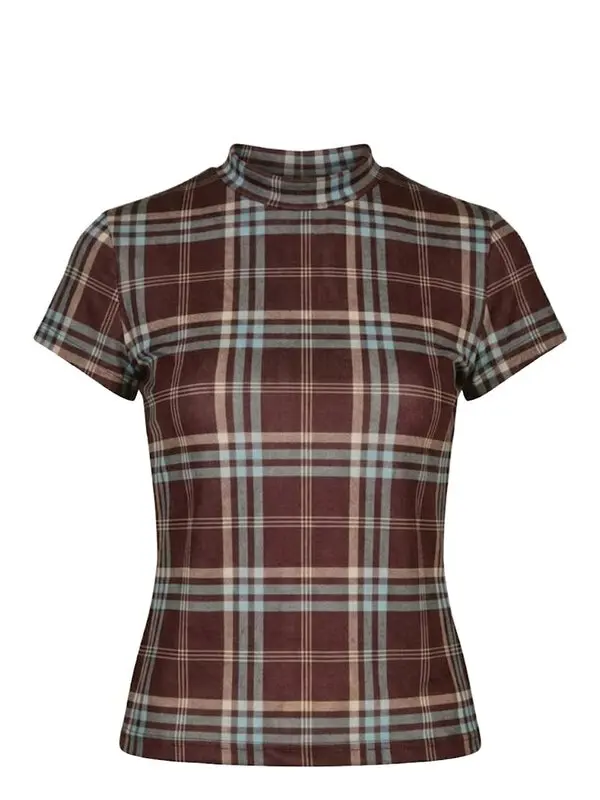 ANOTHER GIRL Blue Checkered Mesh High Neck Top - Brown