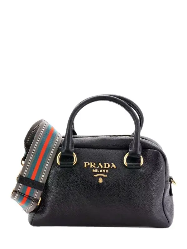 Prada Striped Strap Convertible Bauletto Bag Vitello Phenix Small Satchel - Black