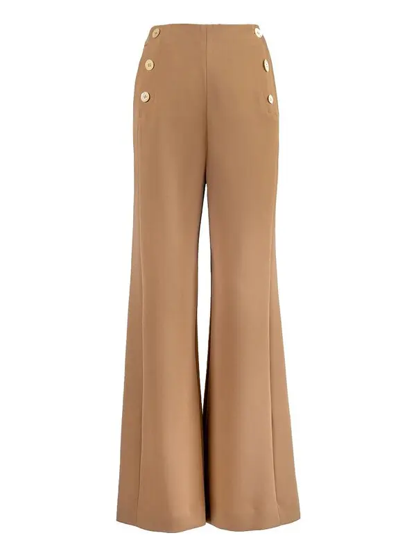 SOLGO ATELIER Martha Sailor Bootcut Crepe Pant In Camel With Stylized Side Seams And Front Shell Button Details - Brown