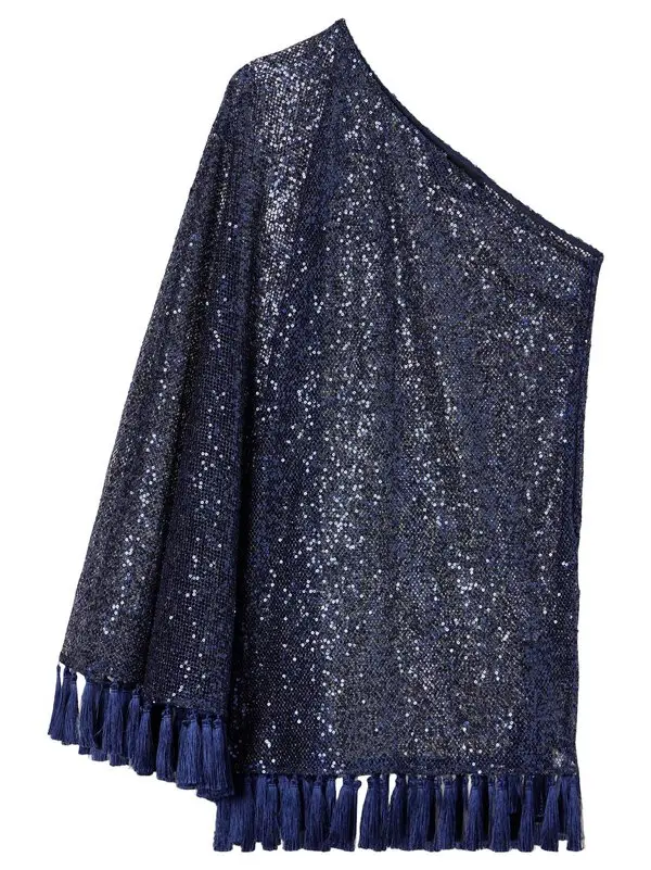 TALLER MARMO One-shoulder Fringed Sequined Mesh Mini Dress - Blue