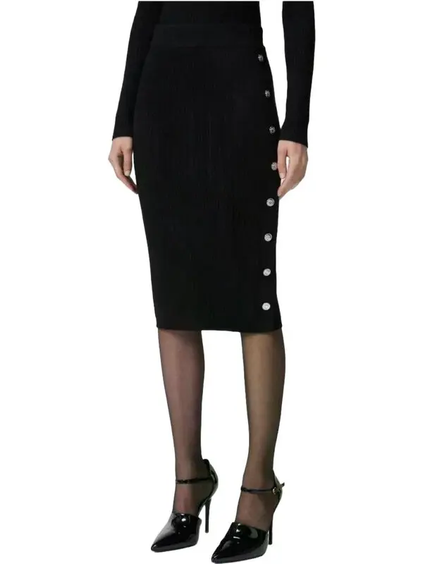 Pinko Ribbed-knit Button-detail Midi Skirt - Black