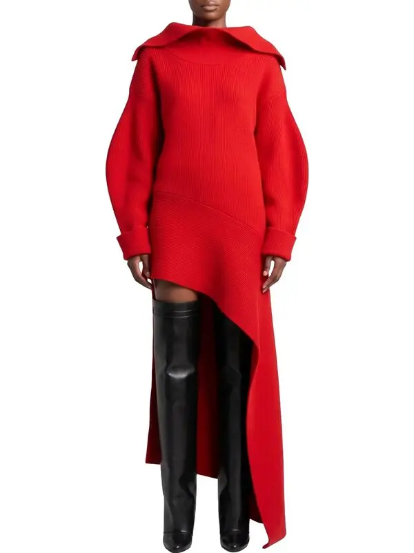 Givenchy Asymmetric Long Wool And Cashmere Knit Dress With Balloon Sleeves - Red
