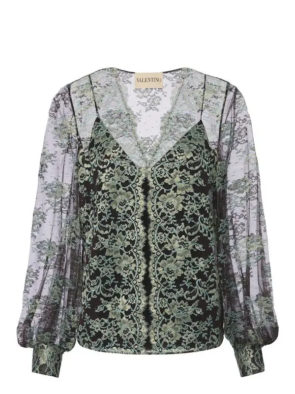 Valentino Garavani Layered Lace And Georgette Blouse - Green